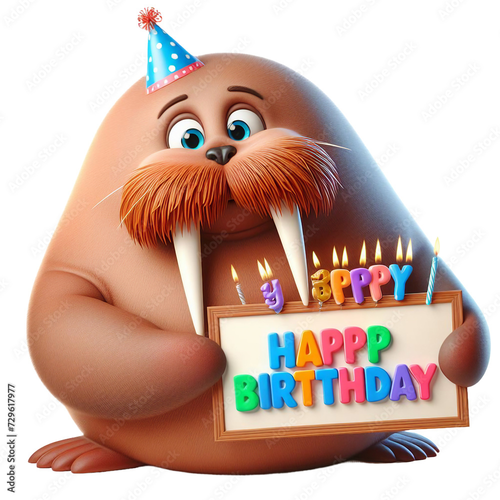 Cute Animal 3D Walrus Holding 'Happy Birthday' Board and Wearing Party ...