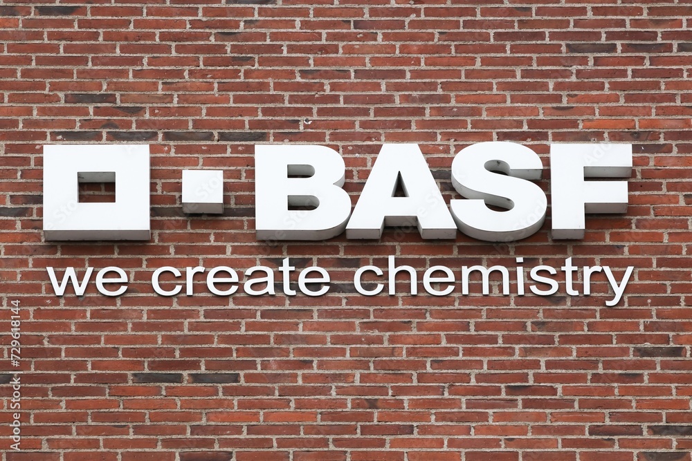 Copenhagen, Denmark - October 4, 2022: BASF logo on a wall. BASF is a ...
