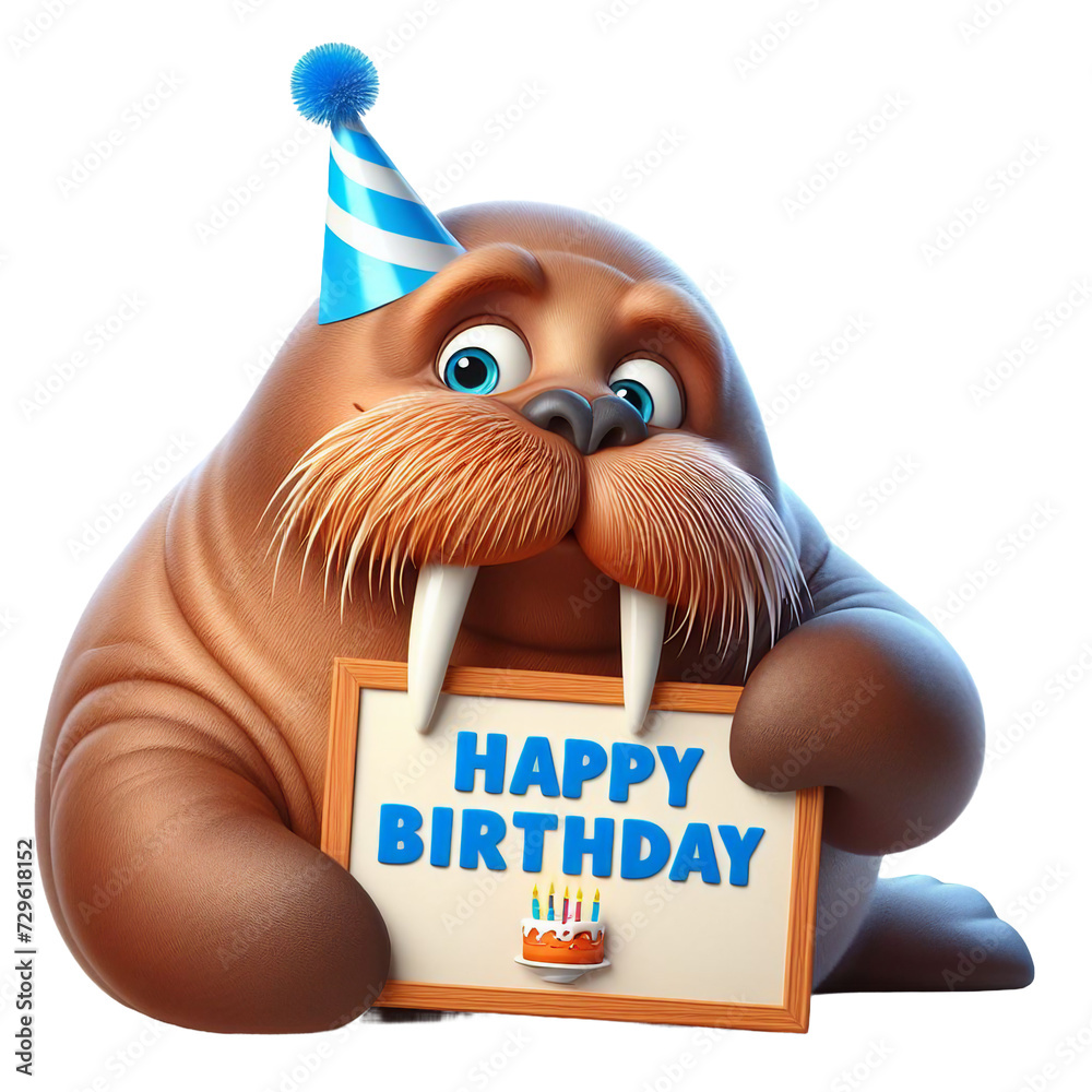 Cute Animal 3D Walrus Holding 'Happy Birthday' Board and Wearing Party ...