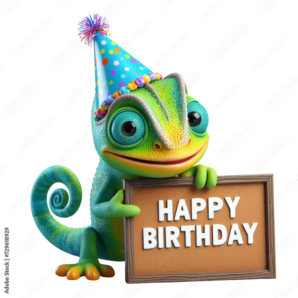 Cute Animal 3D Chameleon Holding 'Happy Birthday' Board and Wearing ...