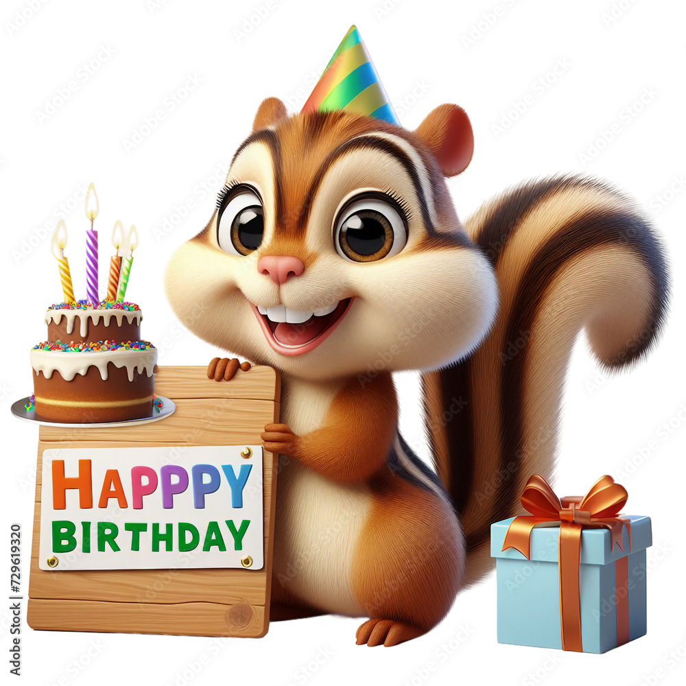 Cute Animal 3D Chipmunk Holding 'Happy Birthday' Board and Wearing ...