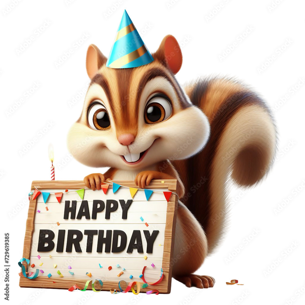 Cute Animal 3D Chipmunk Holding 'Happy Birthday' Board and Wearing ...