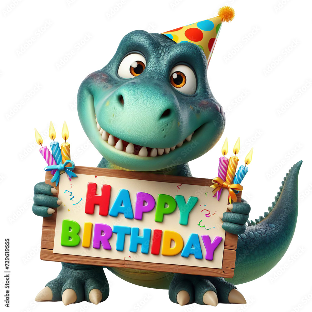Cute Animal 3D Dinosaur Holding 'Happy Birthday' Board and Wearing ...