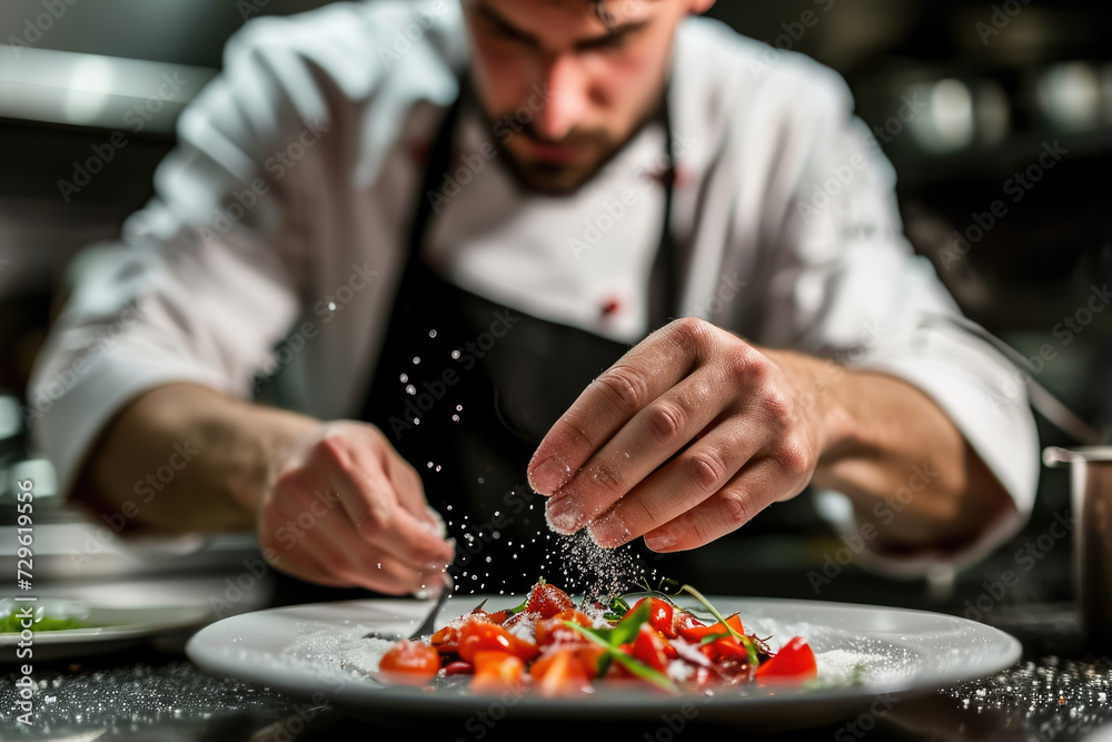 chef seasoning a dish with a pinch of salt, with a look of ...