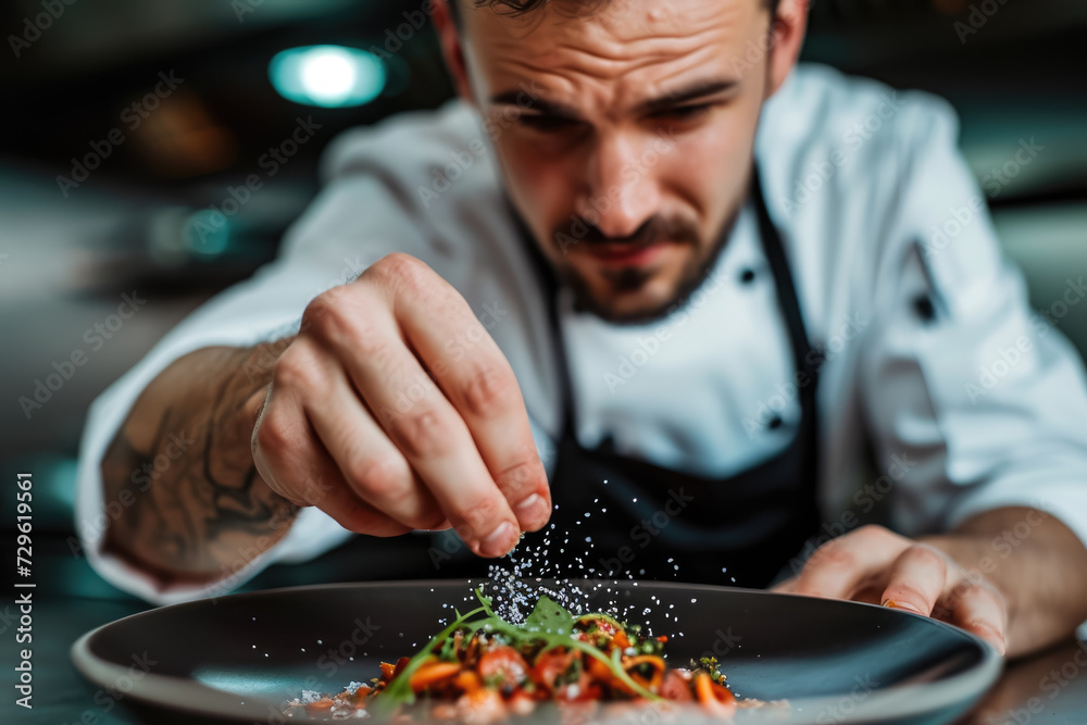 chef seasoning a dish with a pinch of salt, with a look of ...