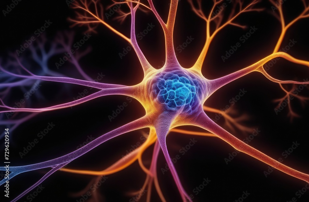Neural network - images of neural cells. Synapse on dark background. View of interconnected ...