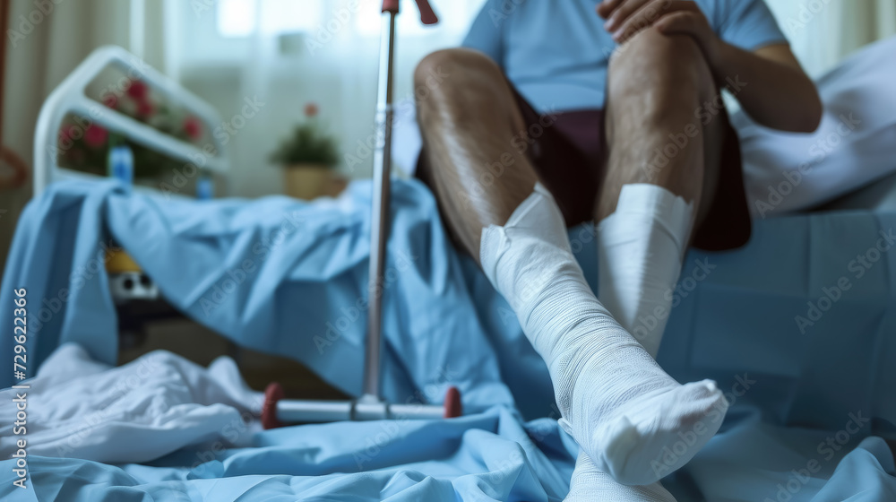 man with a broken leg in a cast, broken bones, medicine, crutches ...