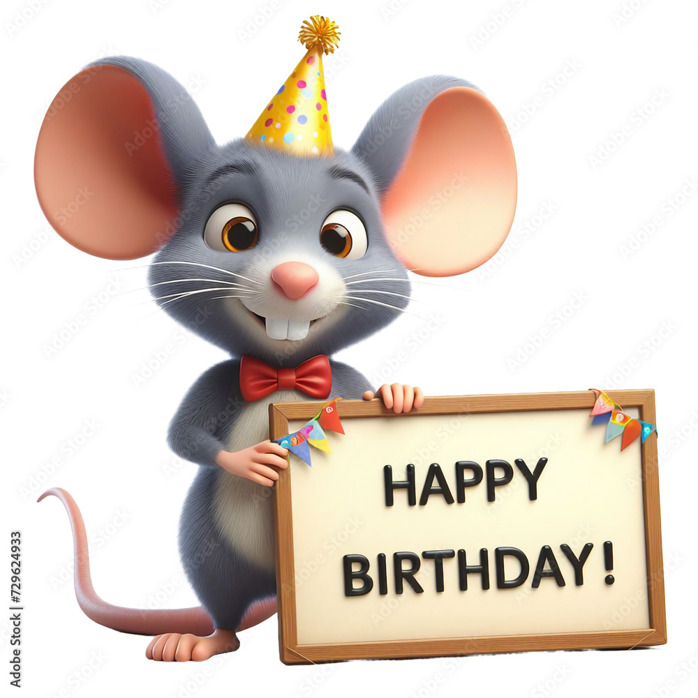 Cute Animal 3D Mouse Holding 'Happy Birthday' Board and Wearing Party ...