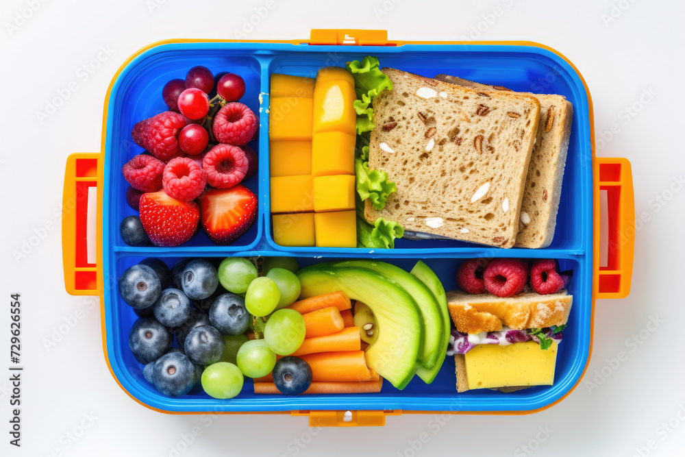 Blue lunch box with useful food for lunch and snack: sandwich ...