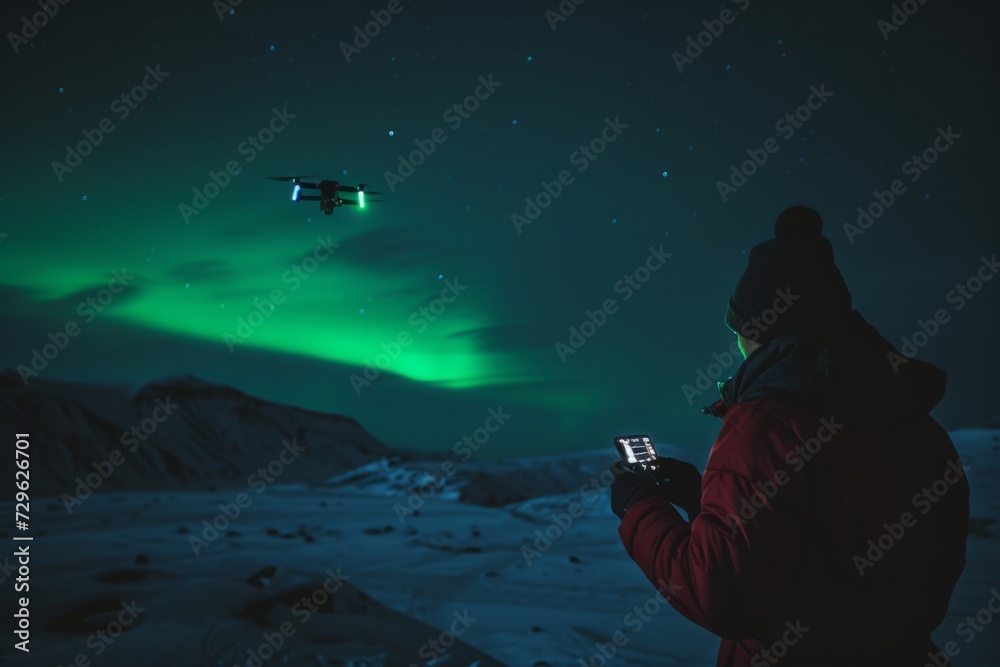 Photographer capturing the ethereal aurora borealis with a drone in a ...