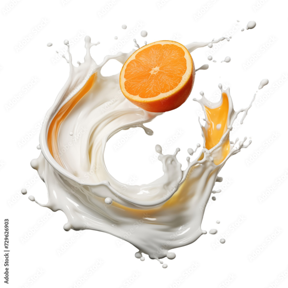 realistic fresh ripe mandarin orange with slices falling inside swirl ...