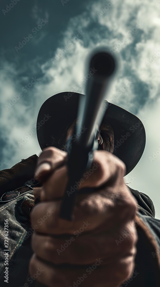 Representation of a cowboy with a firm gesture pointing his gun and a ...