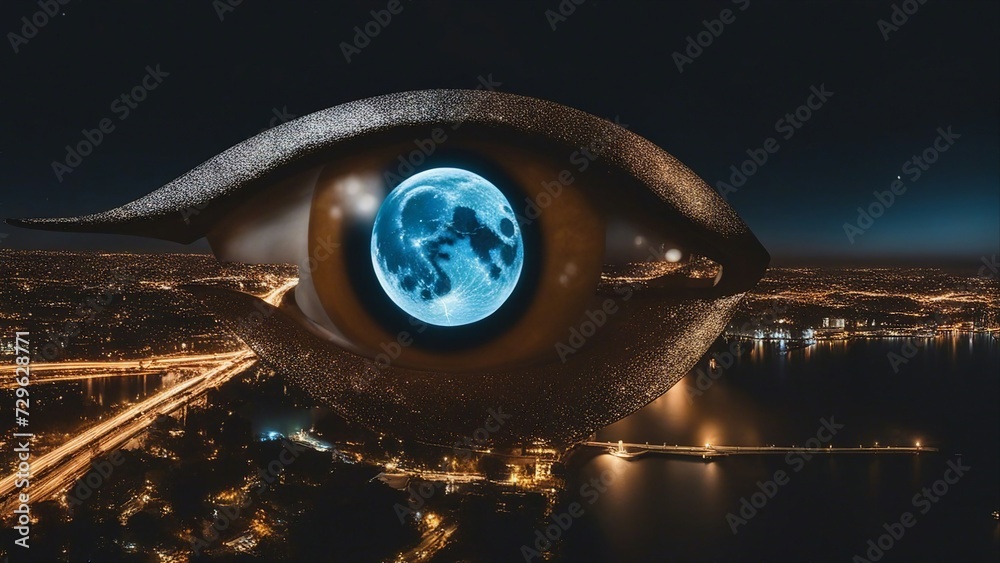 view of the city A giant eye in the sky, watching over the world with a ...