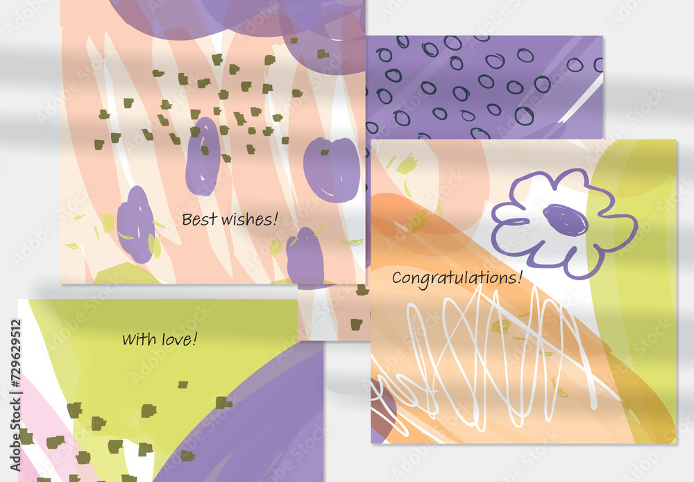 Card Layout with Textured Hand Drawn Abstract Scribbles and Floral ...