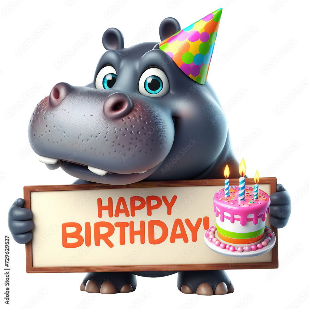 Cute Animal 3D Hippo Holding 'Happy Birthday' Board and Wearing Party ...