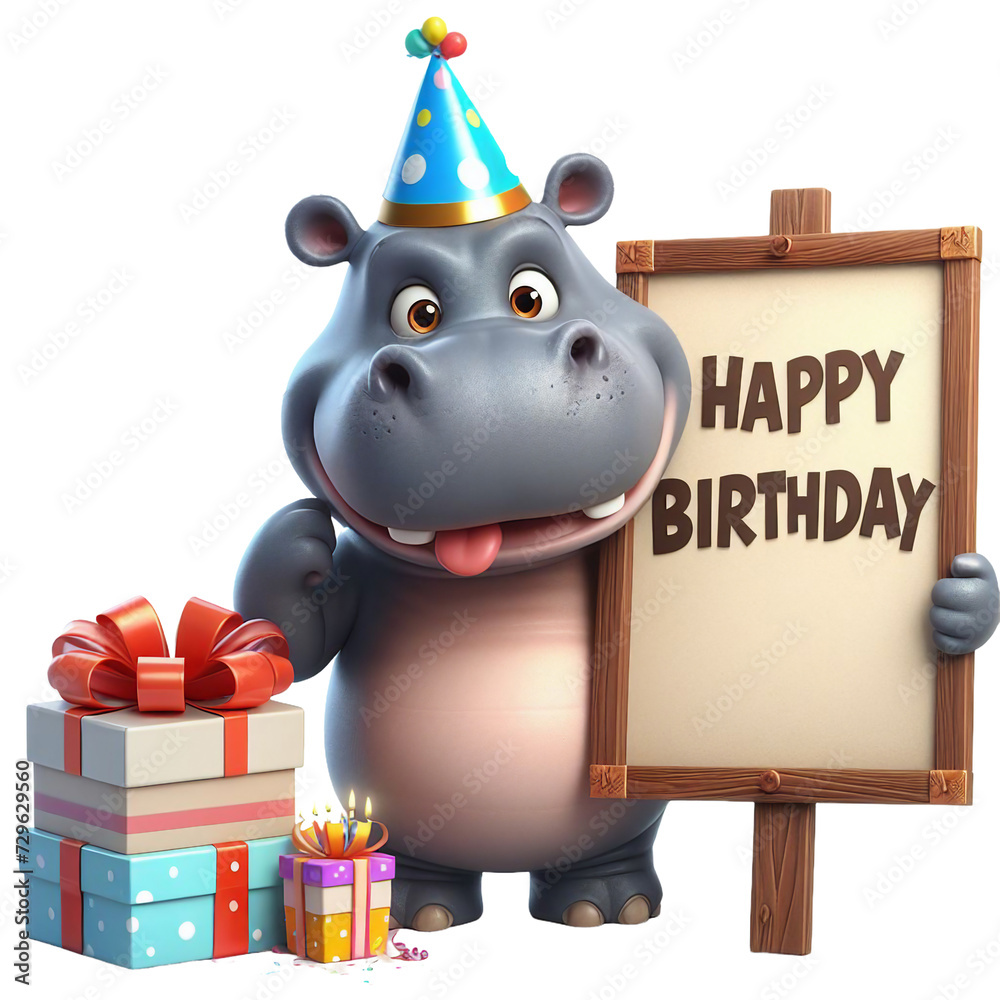 Cute Animal 3D Hippo Holding 'Happy Birthday' Board and Wearing Party ...