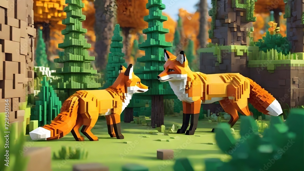 Voxel pixel art Fox in wild, animals made of 3d cubes, voxel ...