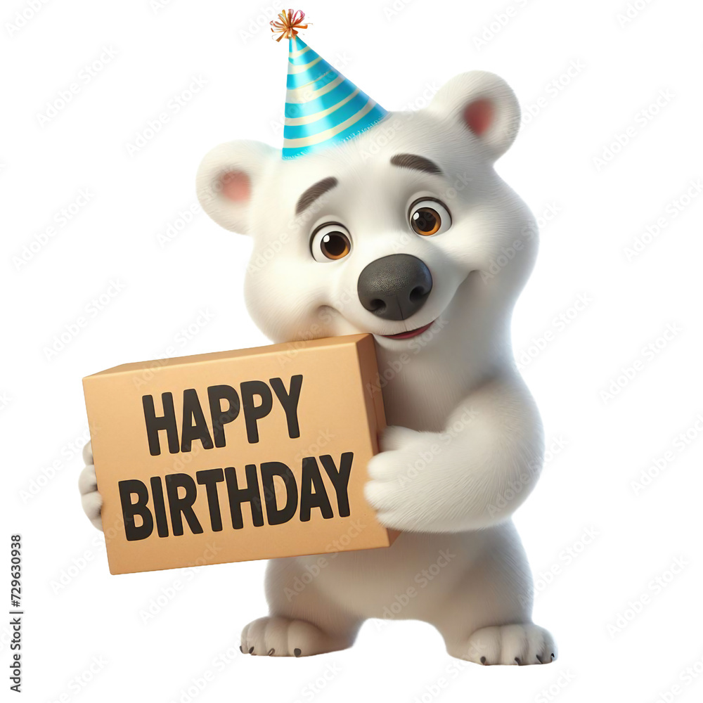 Cute Animal 3D Polar Bear Holding 'Happy Birthday' Board and Wearing ...