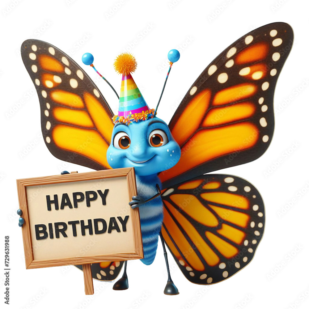 Cute Animal 3D Butterfly Holding 'Happy Birthday' Board and Wearing ...