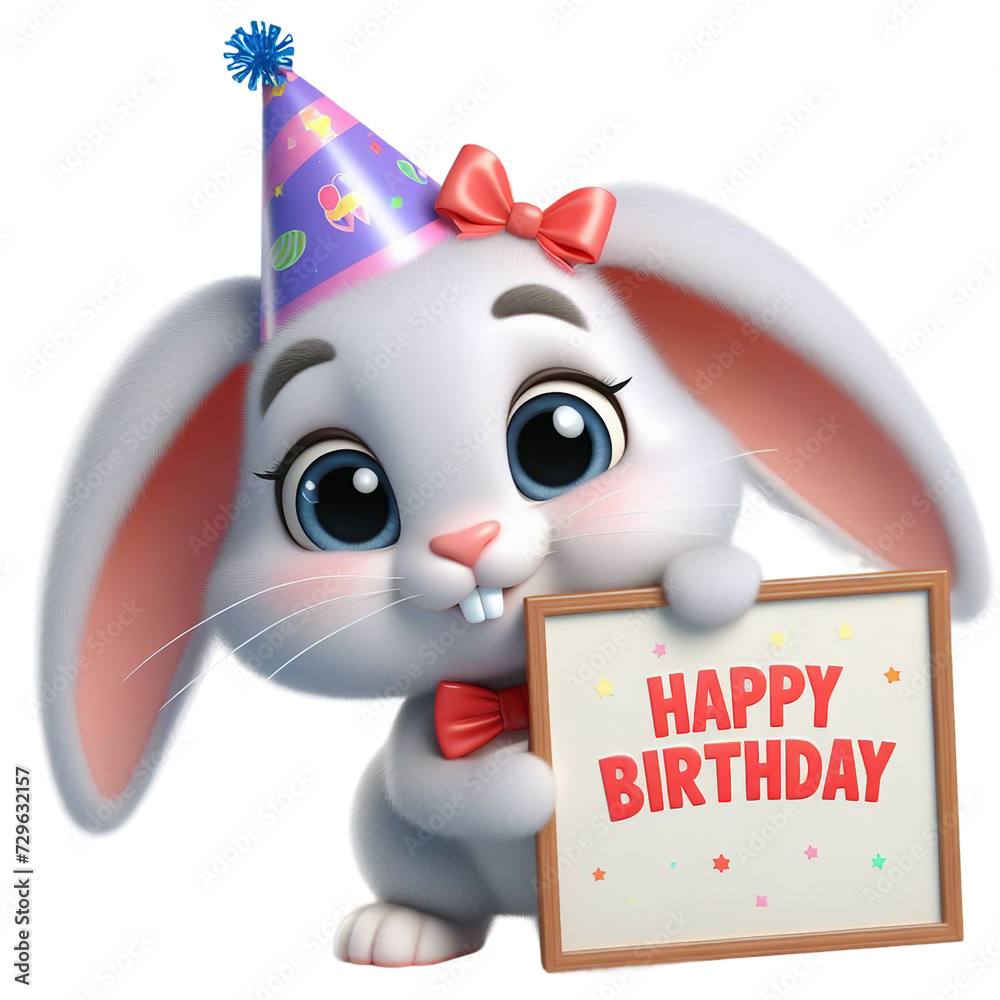 Cute Animal 3D Bunny Holding 'Happy Birthday' Board and Wearing Party ...