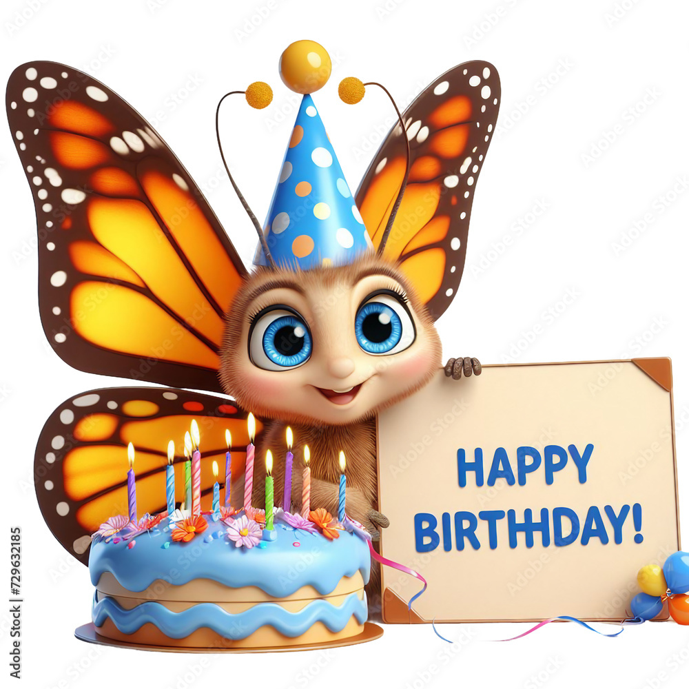 Cute Animal 3D Butterfly Holding 'Happy Birthday' Board and Wearing ...