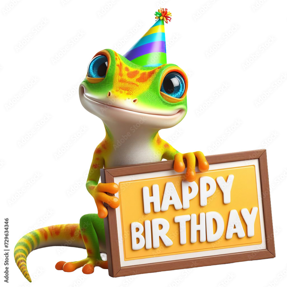 Cute Animal 3D Gecko Holding 'Happy Birthday' Board and Wearing Party ...