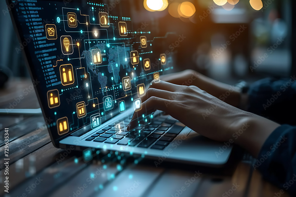 A person engages with modern technology, typing on a laptop ...