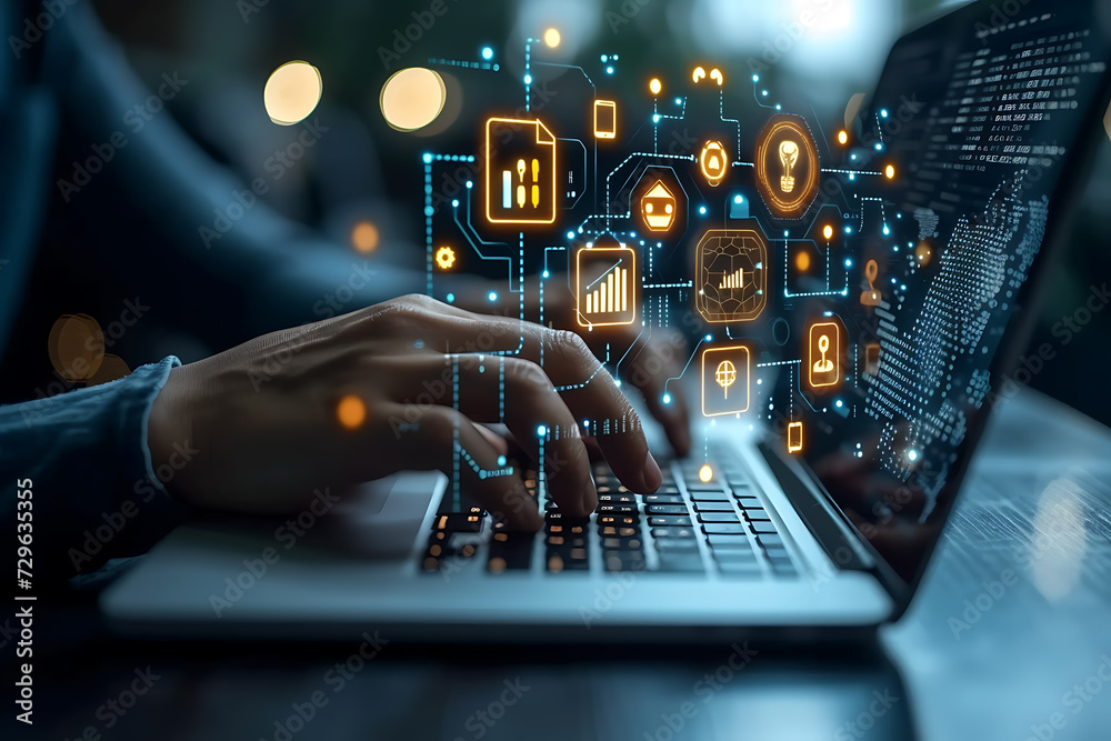 A person engages with modern technology, typing on a laptop ...