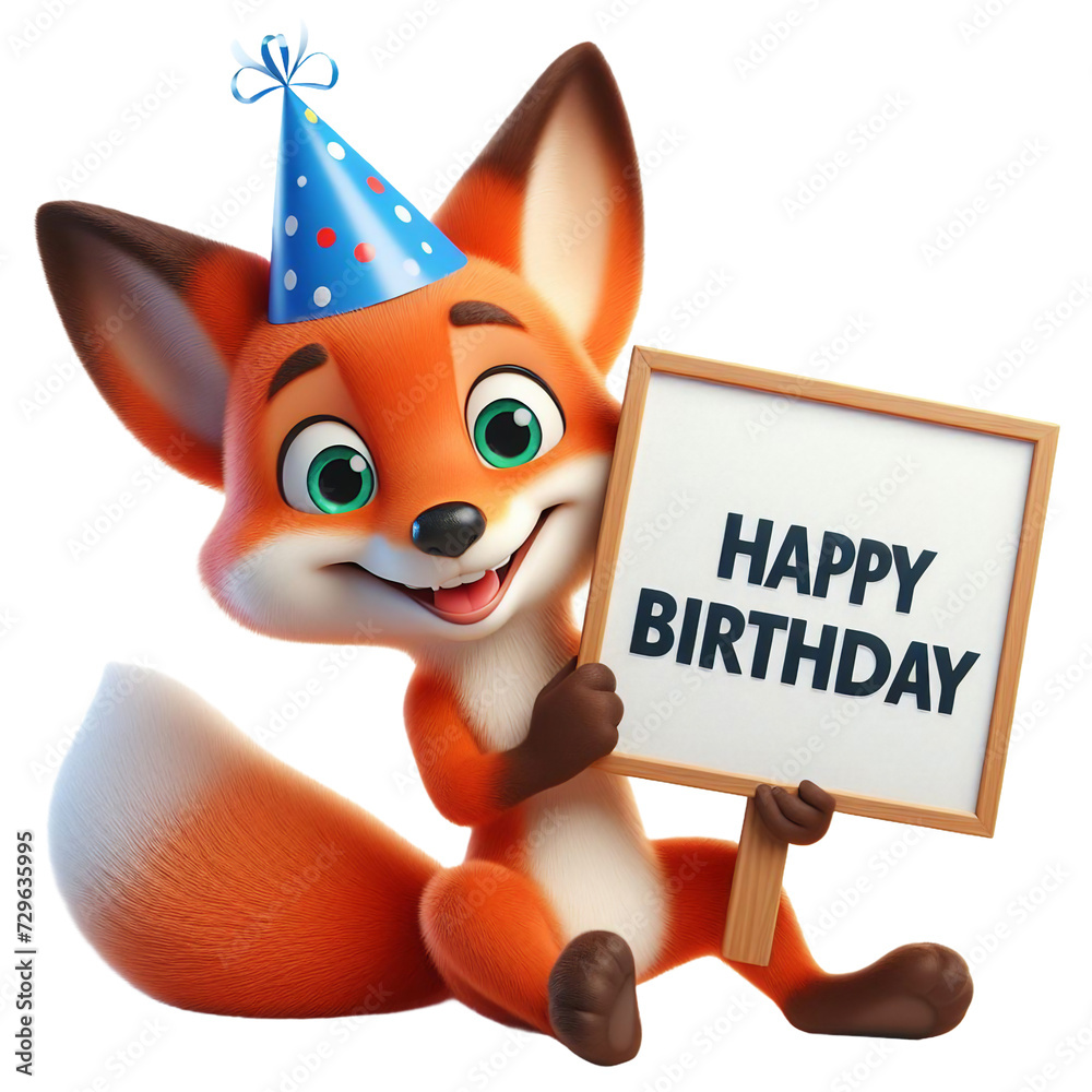 Cute Animal 3D Fox Holding 'Happy Birthday' Board and Wearing Party Cap ...