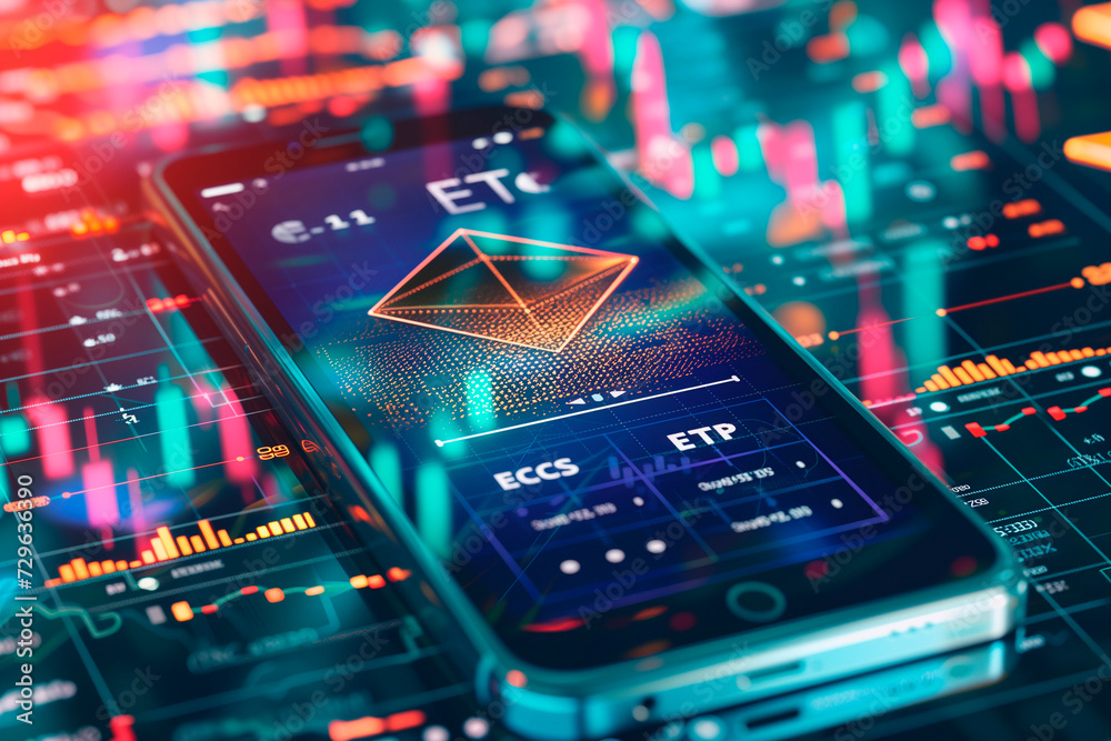 etf in a market with some information behind an image of a phone Stock ...