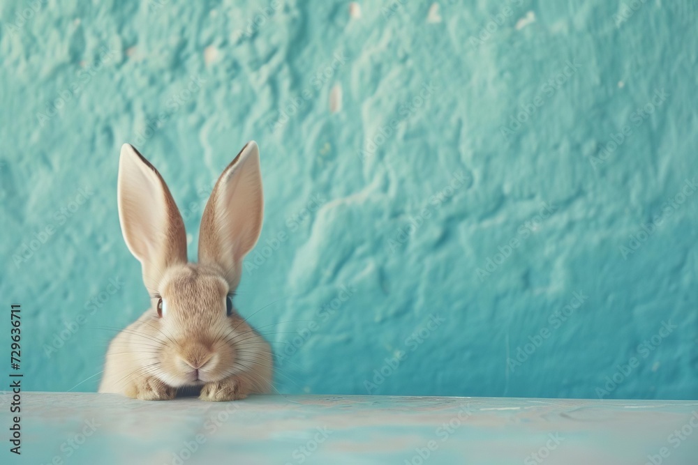 Adorable bunny peeking out of a blue wall The fluffy ears and cute ...