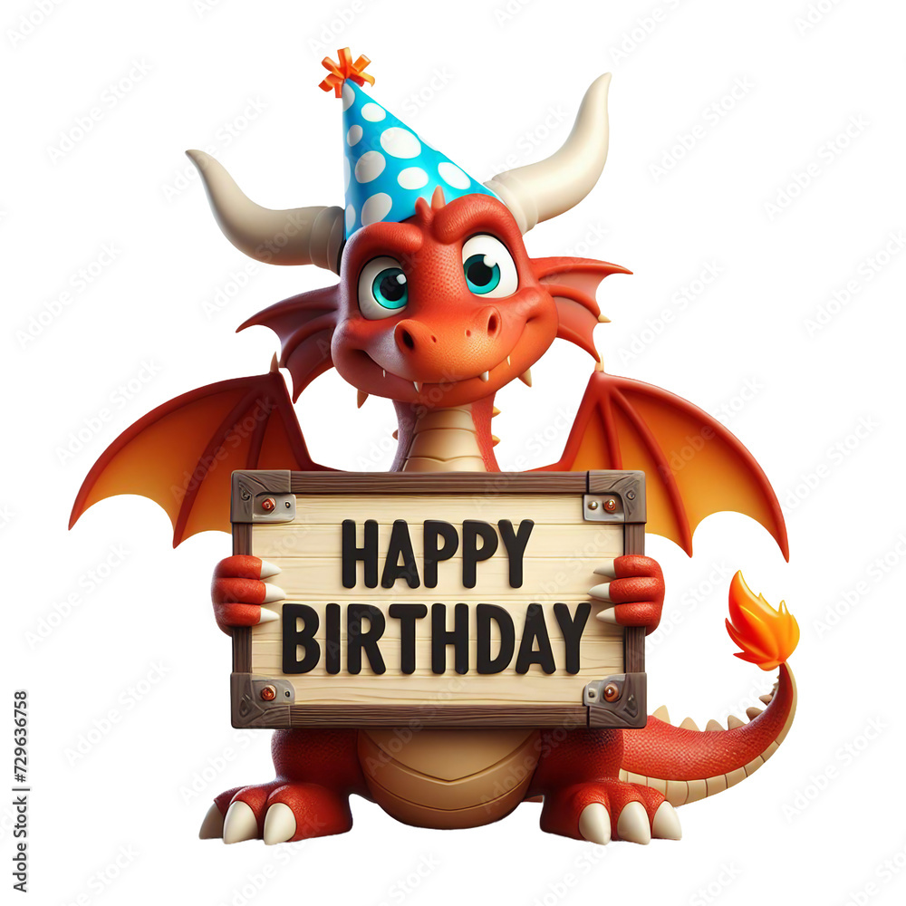 Cute Animal 3D Dragon Holding 'Happy Birthday' Board and Wearing Party ...