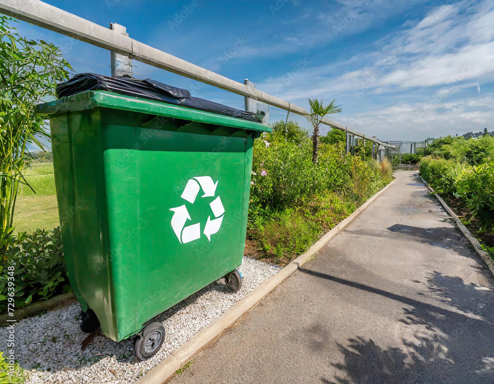 A green waste container prominently displaying the universal recycling symbol, indicating its ...