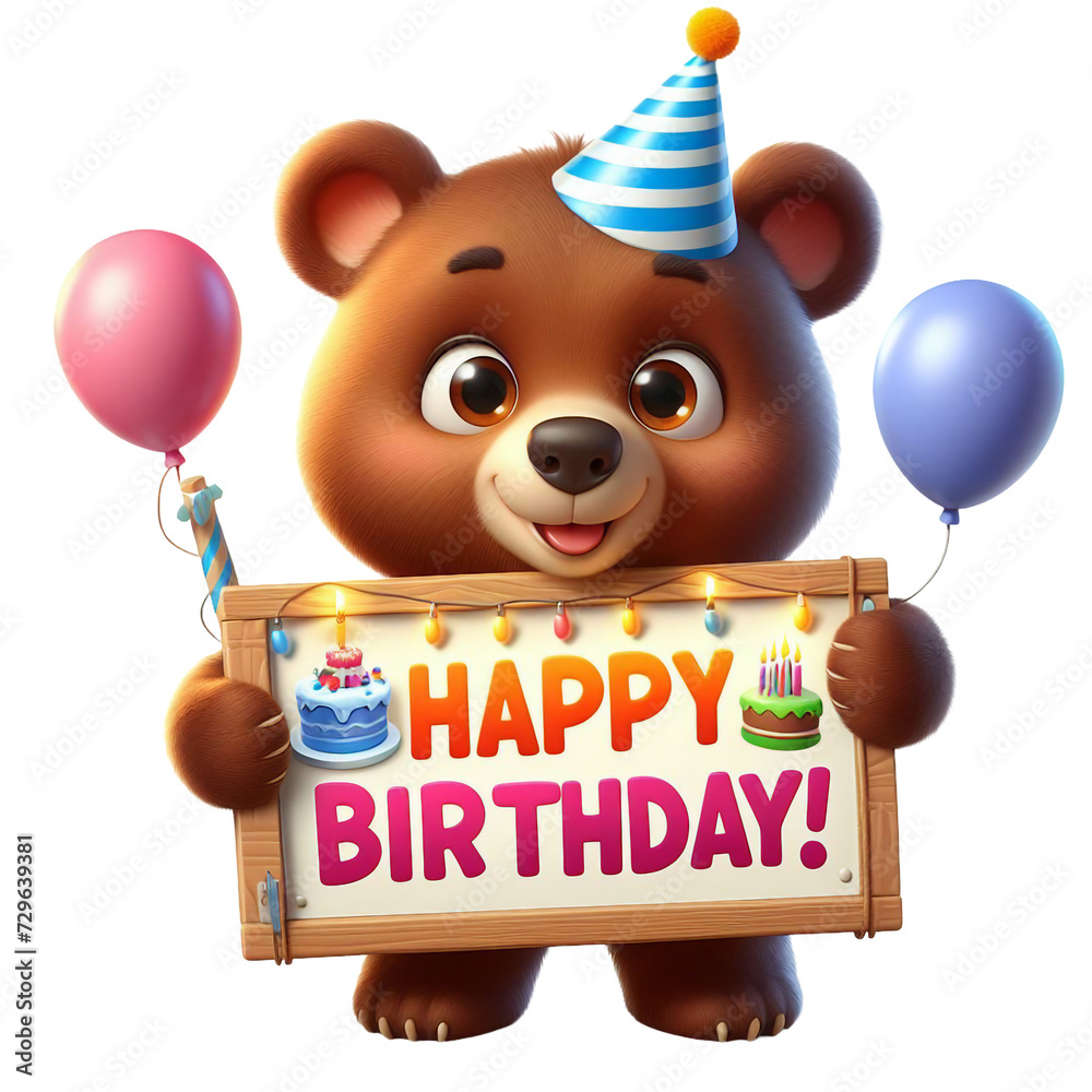 Cute Animal 3D Bear Cub Holding 'Happy Birthday' Board and Wearing ...