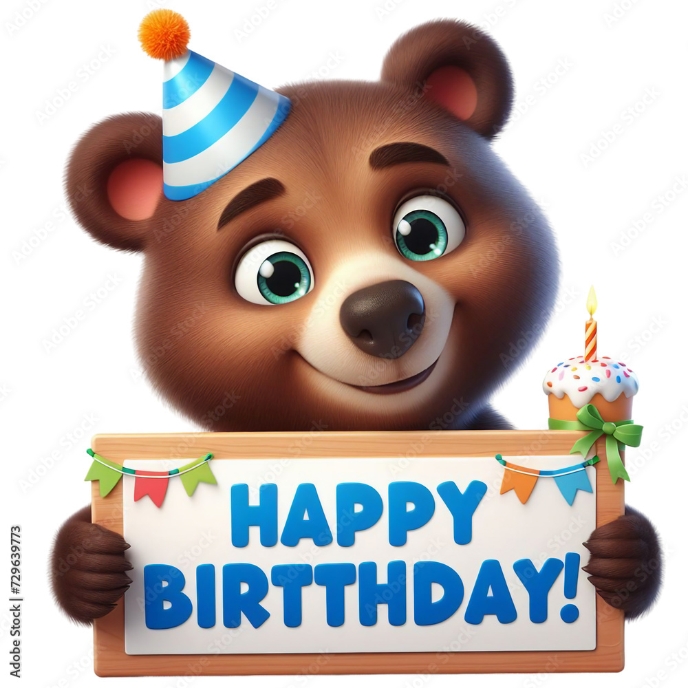 Cute Animal 3D Bear Cub Holding 'Happy Birthday' Board and Wearing ...