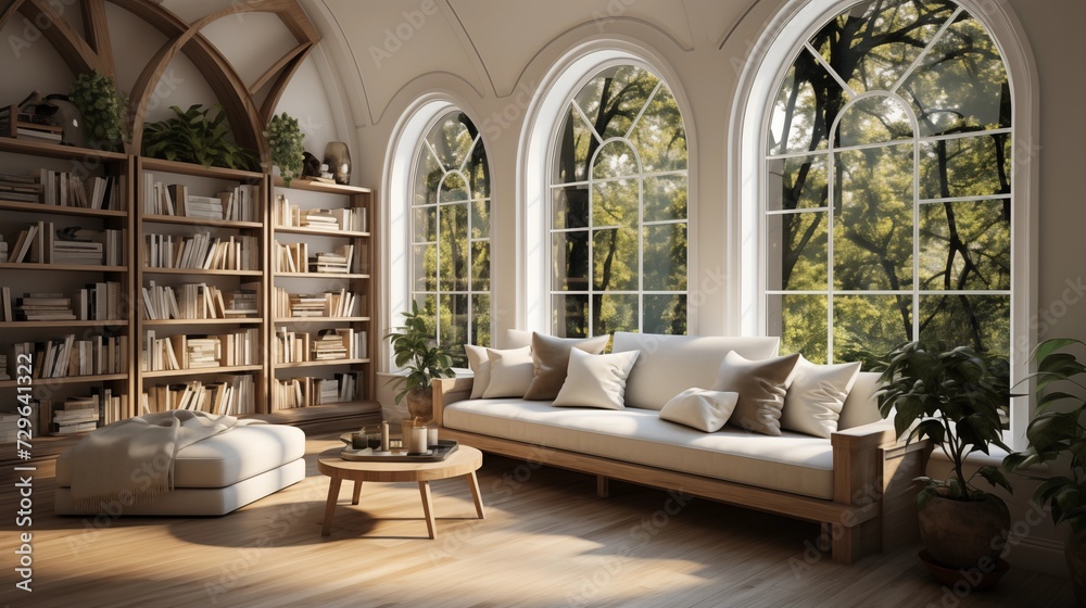 Create a reading nook in a bay window with built-in bookshelves and ...