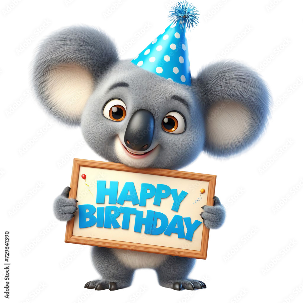 Cute Animal 3D Koala Holding 'Happy Birthday' Board and Wearing Party ...
