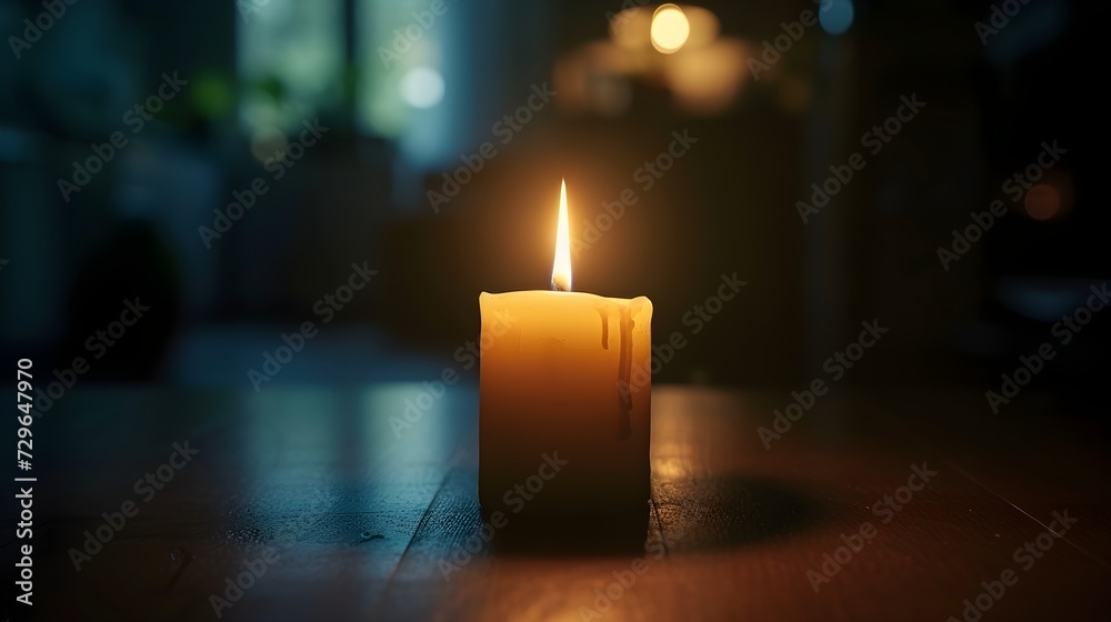 Flicker of Hope: Dimly Lit Room with Single Flickering Candle in Ultra ...