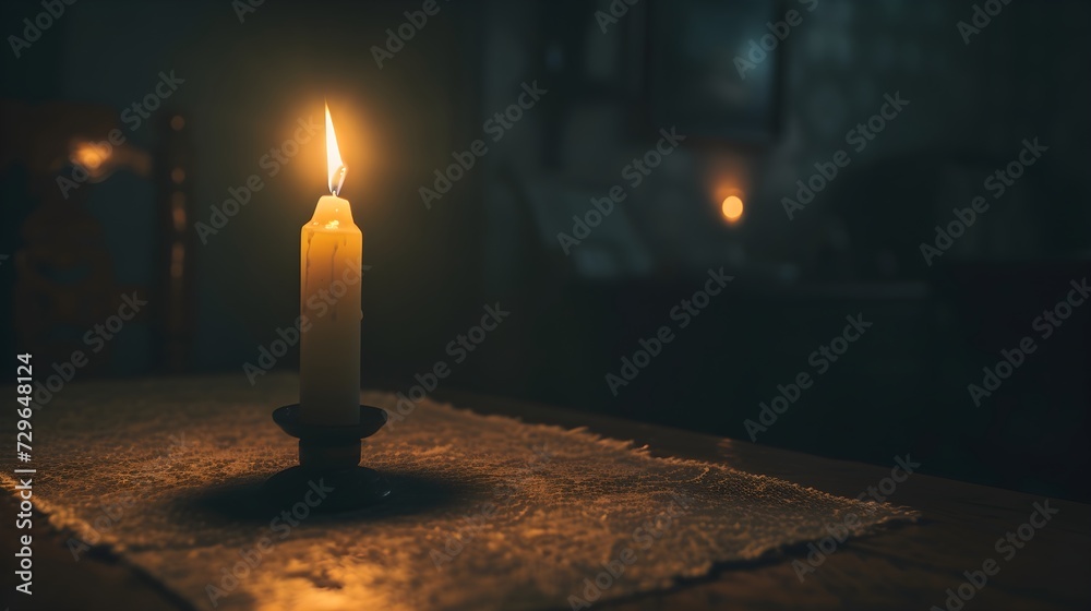 Flicker of Hope: Dimly Lit Room with Single Flickering Candle in Ultra ...