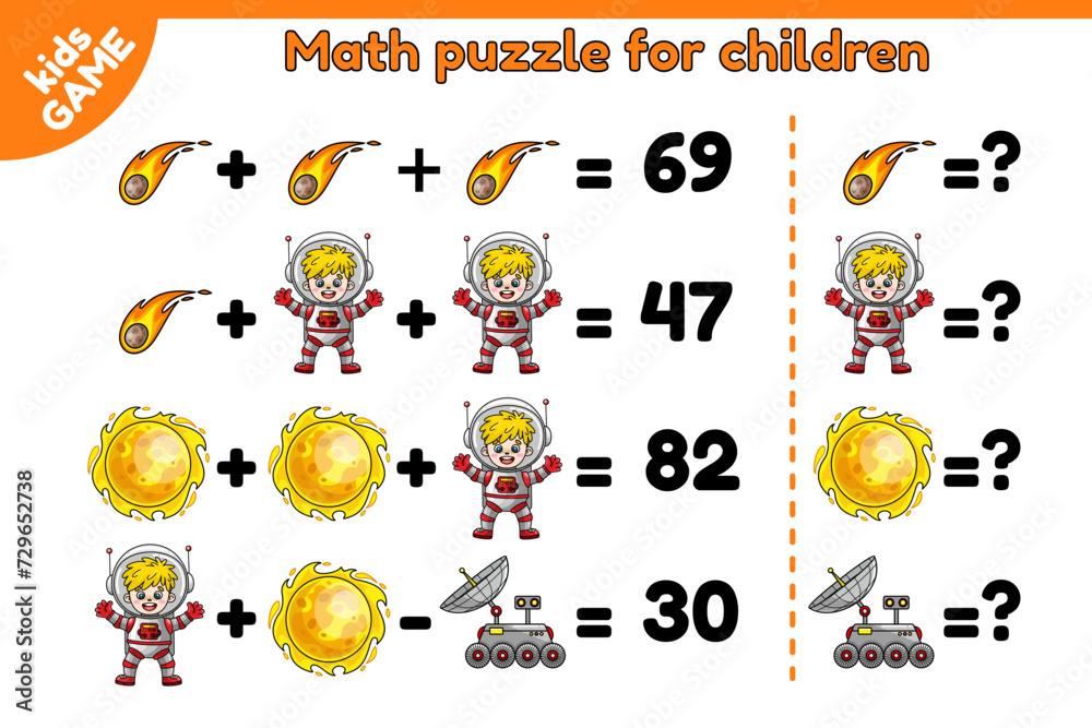 Math space kids game. Educational puzzle for preschool and school ...