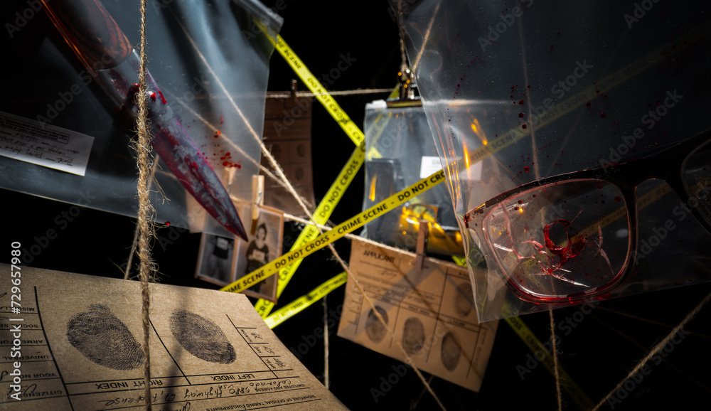 Crime scene investigation evidence set collected on murder hanging on ...
