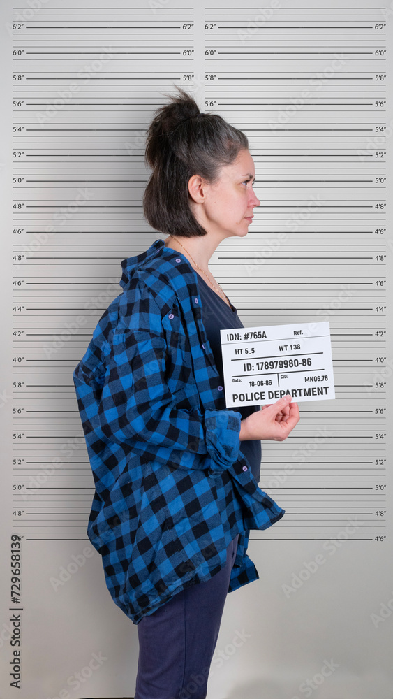 Brunette caucasian woman standing with criminal mugshot letter board at ...