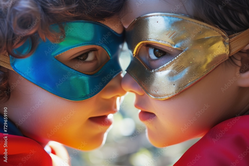 Two masked children share a moment of connection amidst the outdoors ...