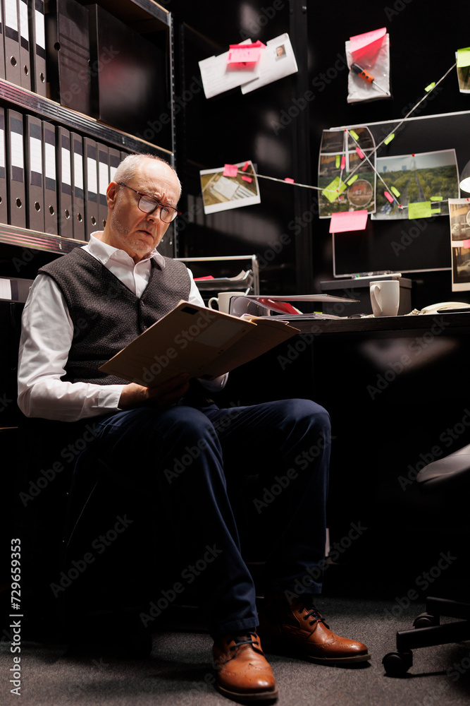 Senior police officer checking mysterious missing case, analyzing ...