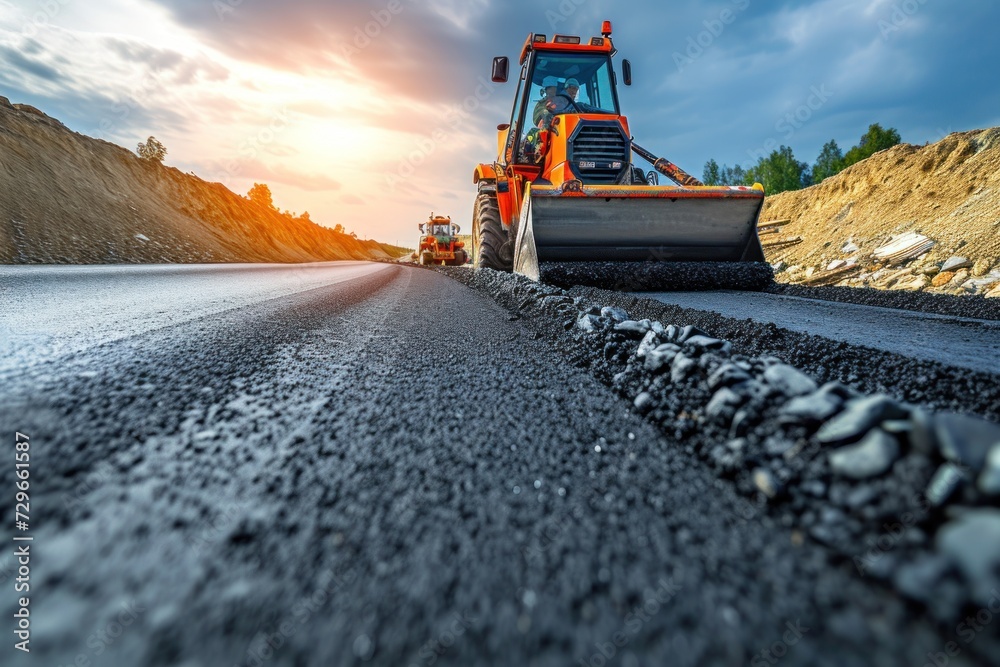 Construction Vehicle Driving Down Road Next to Pile of Dirt, laying new ...