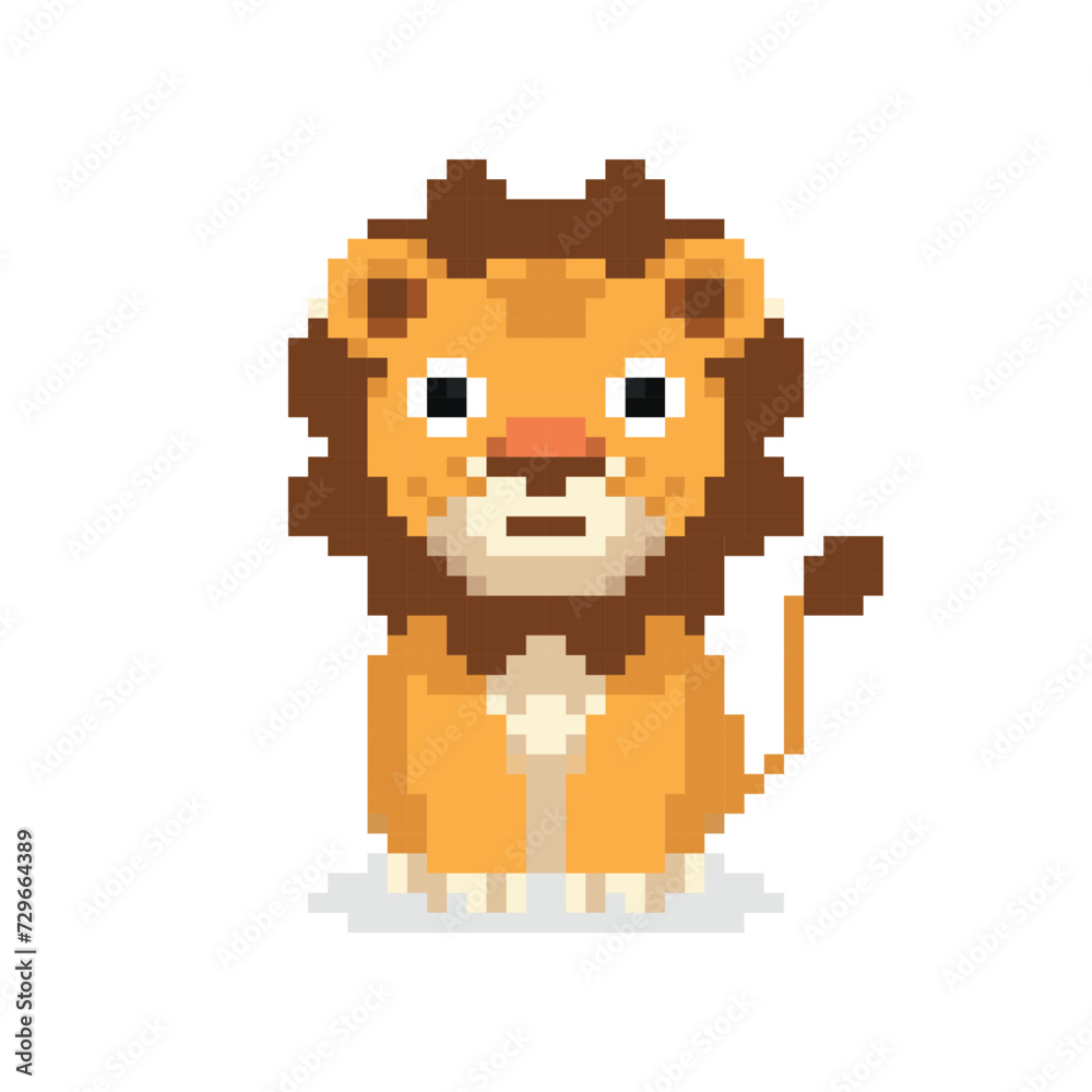 Cute yellow lion, cartoon pixel art character isolated on white ...