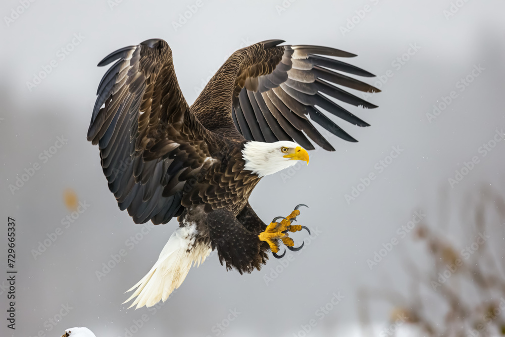 Bald eagle descending in flight with talons outstretched, powerful ...