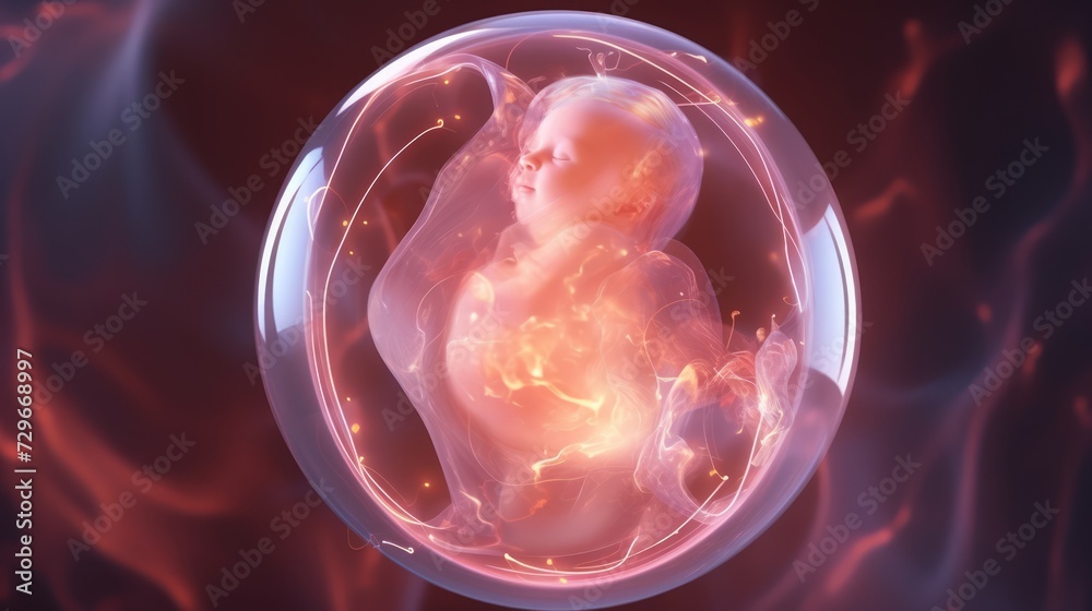 Sleeping baby in translucent sphere. Fetus inside a glowing womb ...