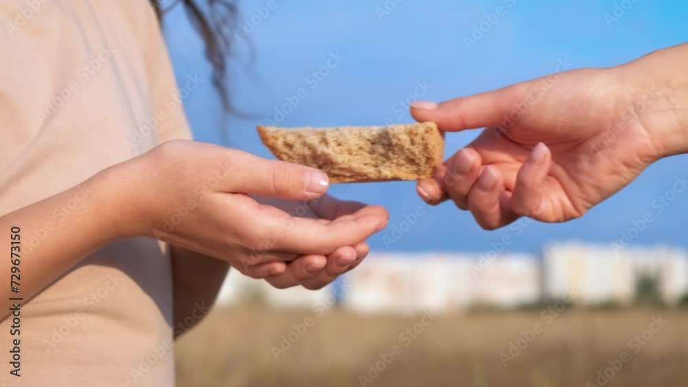 Vidéo Stock Child take care of the bread outdoor. A child takes from ...
