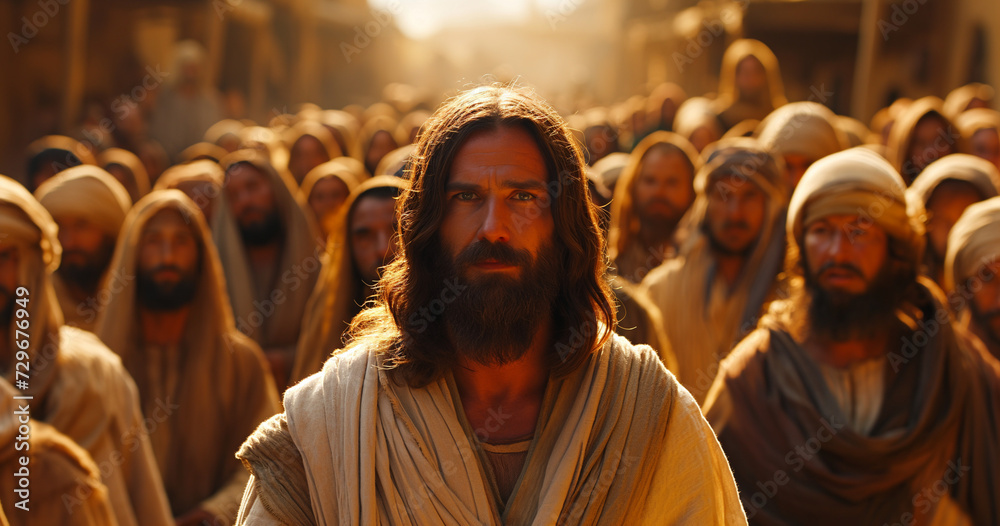 Jesus Christ stands before a large crowd gathered around him and ...